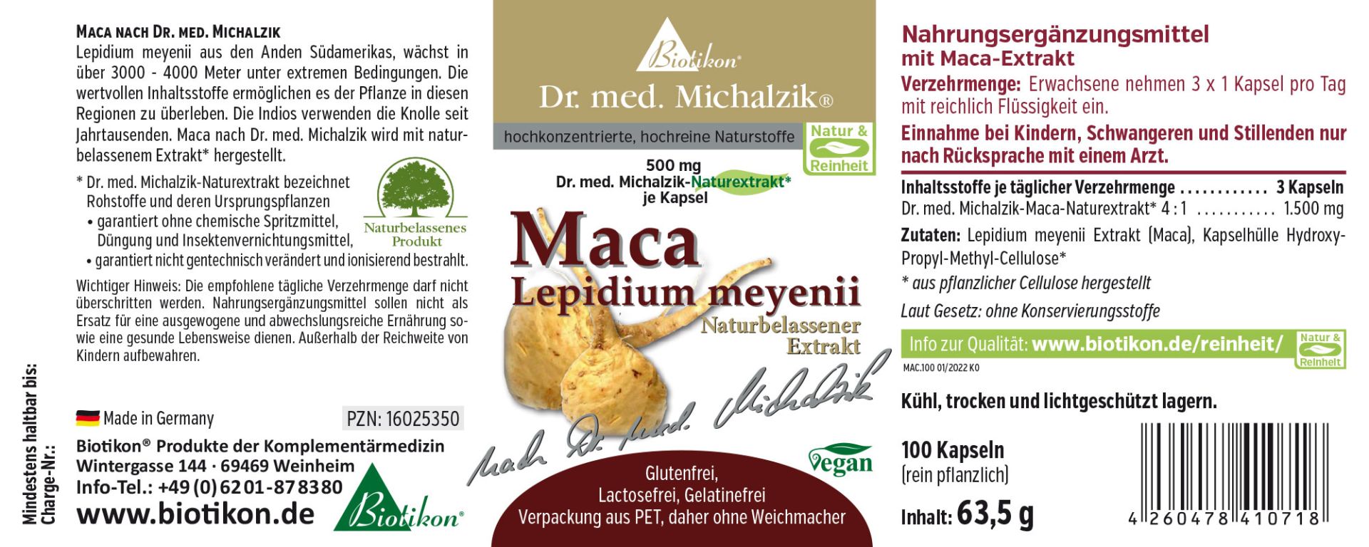 Maca nach Dr. med. Michalzik, 100 Kapseln, Nahrungsergänzungsmittel mit ...